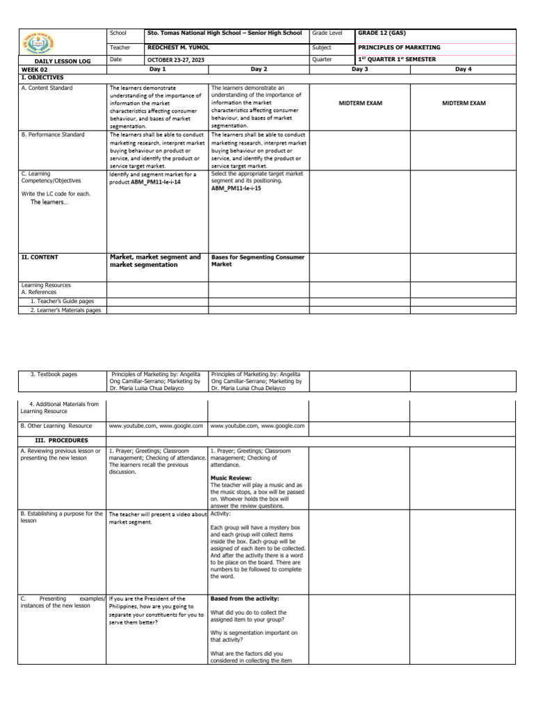 Grade 12 Marketing Lesson Plan | PDF