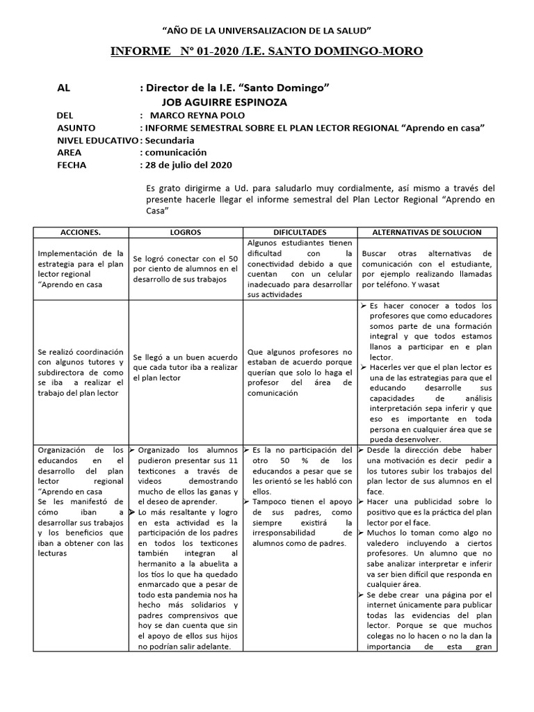 Informe Del Plan Lector | PDF Informe Del Plan Lector | PDF