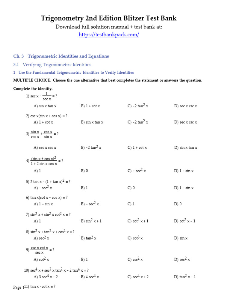 Trigonometry 2nd Edition Blitzer Test Bank 1 | PDF | Trigonometric ...