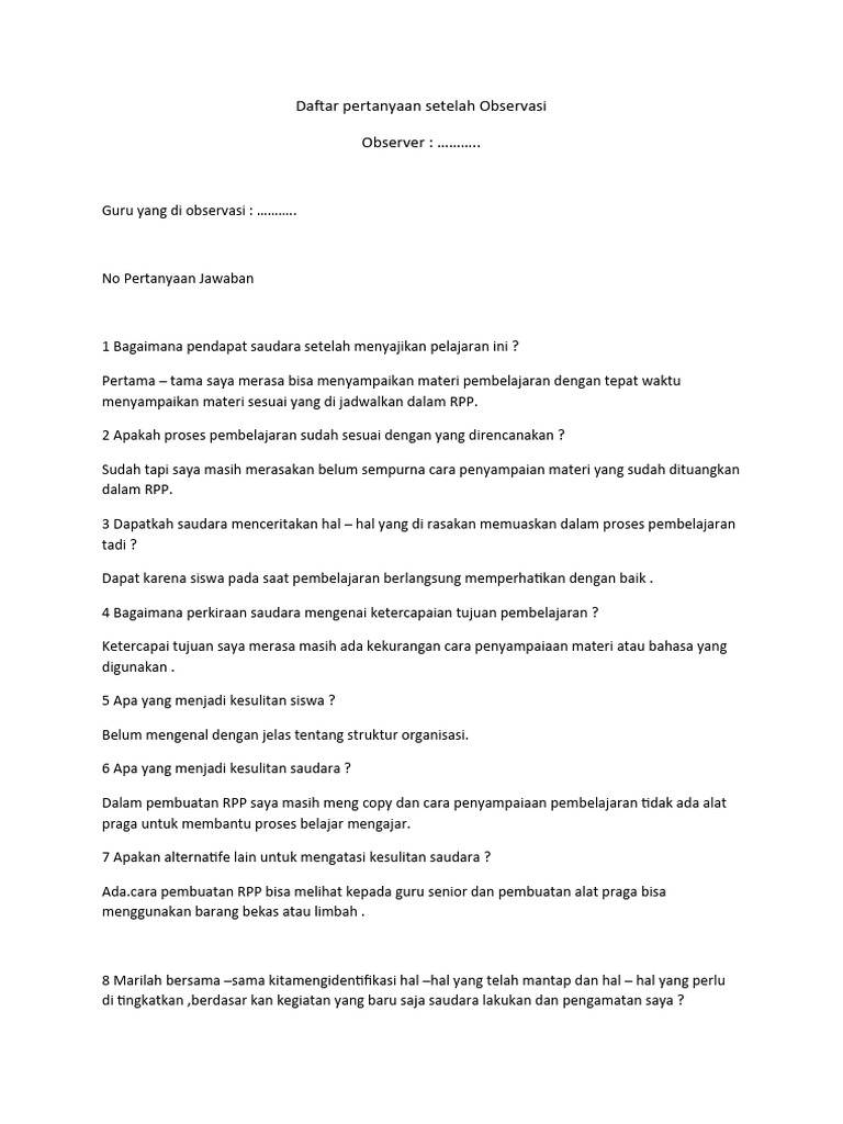 Contoh Daftar Pertanyaan Setelah Observasi | PDF