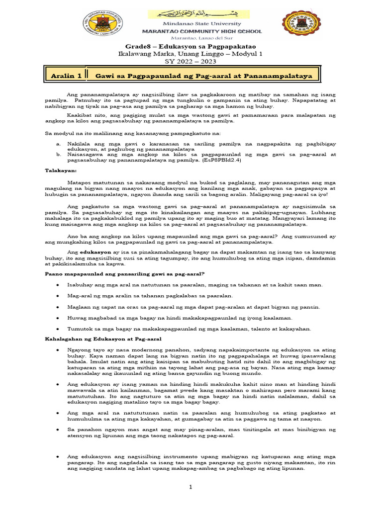 Esp 8 Modyul 1 2ND Quarter | PDF