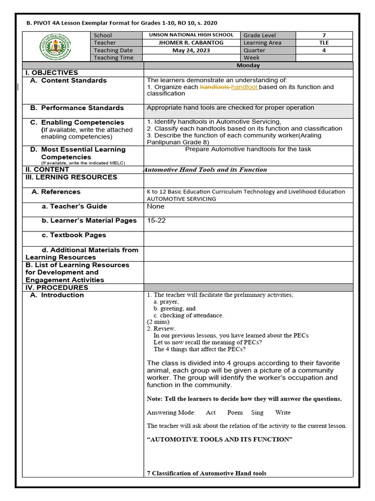 LESSON EXEMPLAR AUTOMOTIVE Edited | PDF | Screw | Sheet Metal