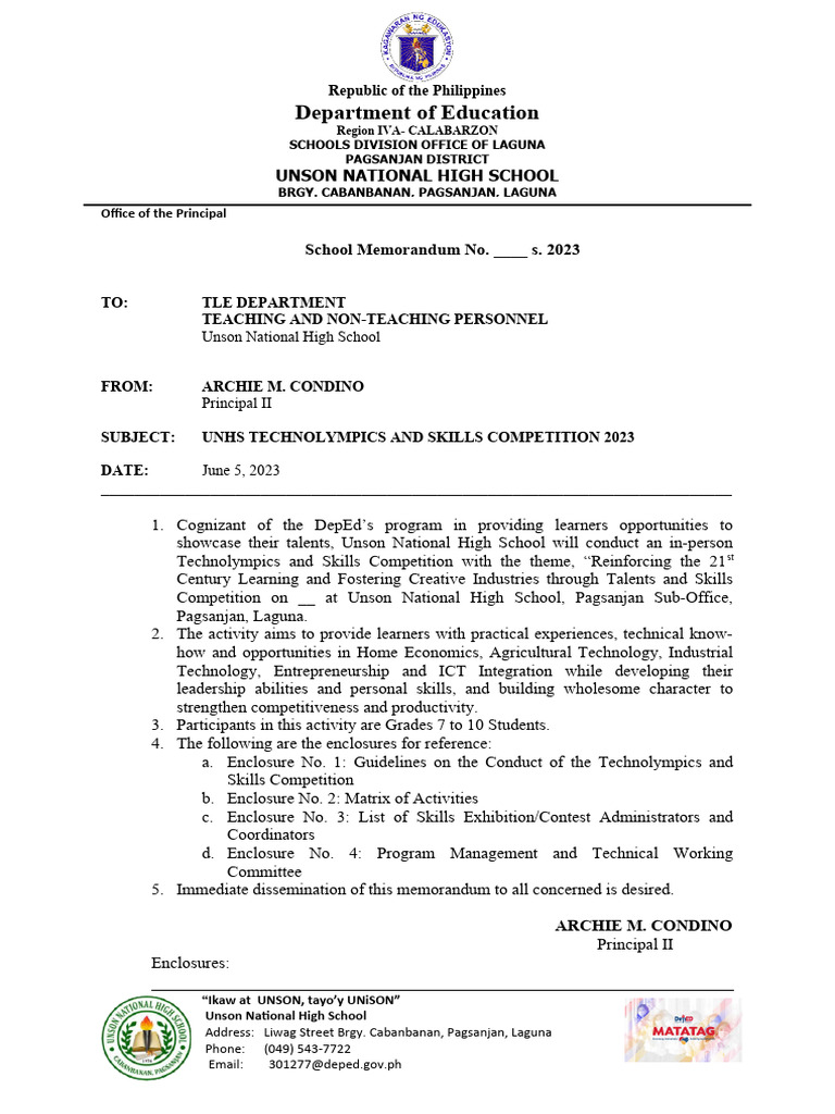 Unhs Technolympics and Skills Competition 2023 Proposal | PDF | Learning | Cognition