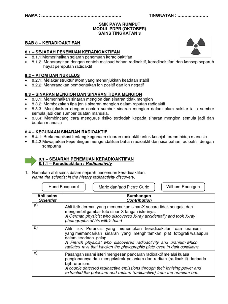 MODUL SAINS Tema 3 BAB 8 Keradioaktifan Tingkatan 3 (Murid) | PDF