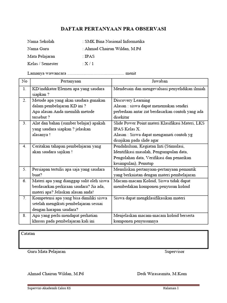 Daftar Pertanyaan Pra Dan Pasca Observasi Wildan | PDF
