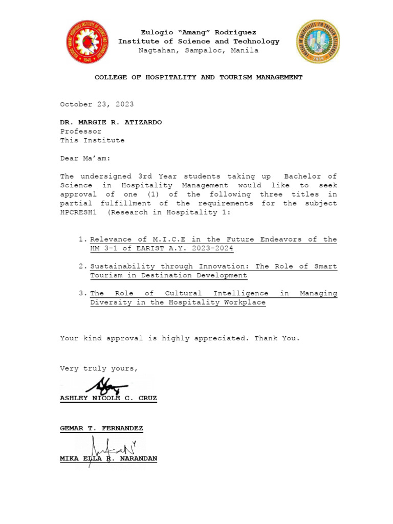 Sample Letter For Title Proposals (BSHM) | PDF