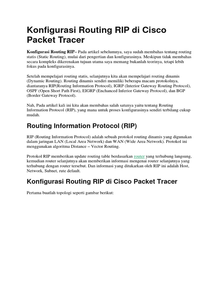Konfigurasi Routing Dynamic RIP Di Cisco Packet Tracer | PDF Konfigurasi Routing Dynamic RIP Di Cisco Packet Tracer | PDF