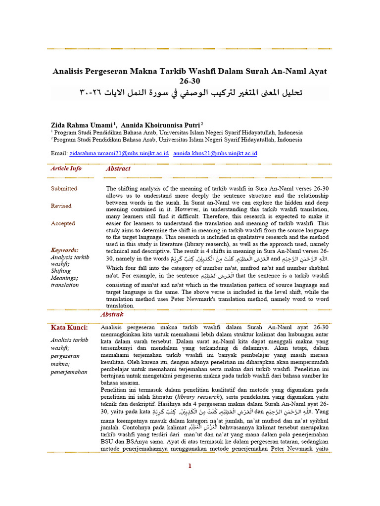 Analisis Pergeseran Makna Tarkib Washfi Dalam Surah An-Naml Ayat 26-30 ...