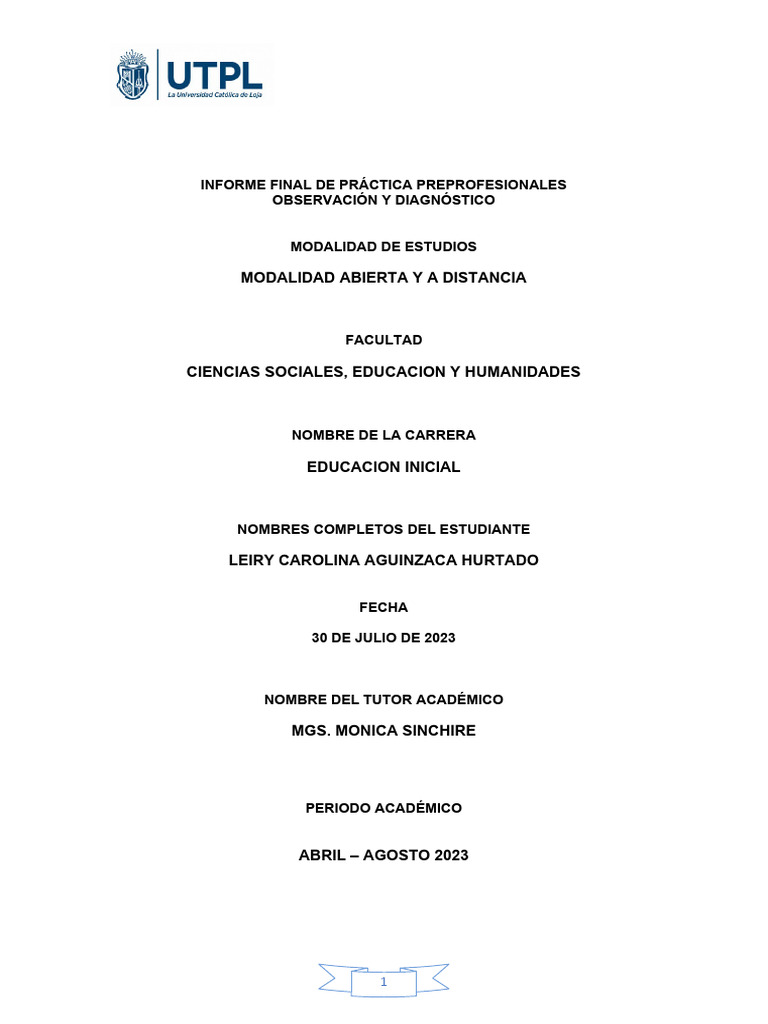 Informe Final De Practicas Preprofesionales Pdf