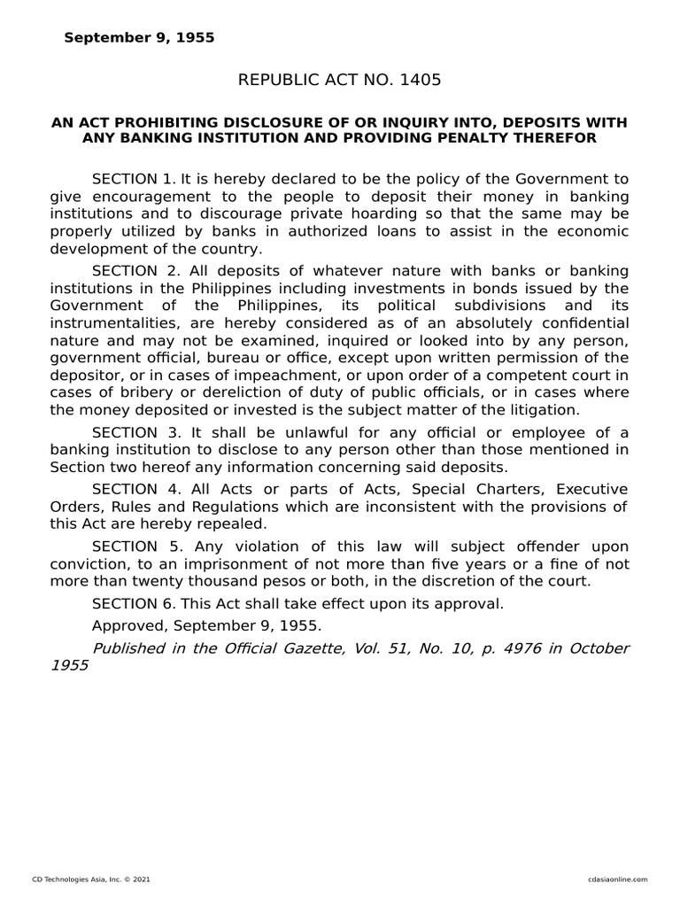 Republic Act No. 1405 - Secrecy of Bank Deposits Act | PDF | Law