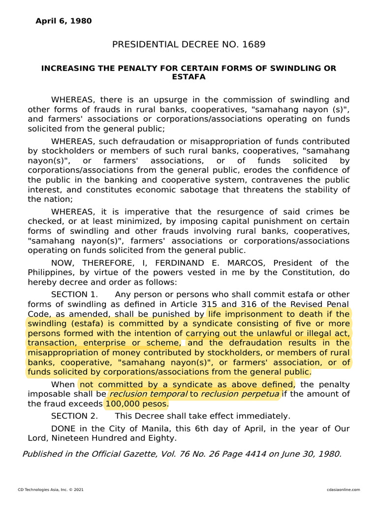 Presidential Decree No. 1689 - Increasing The Penalty For Certain Forms ...
