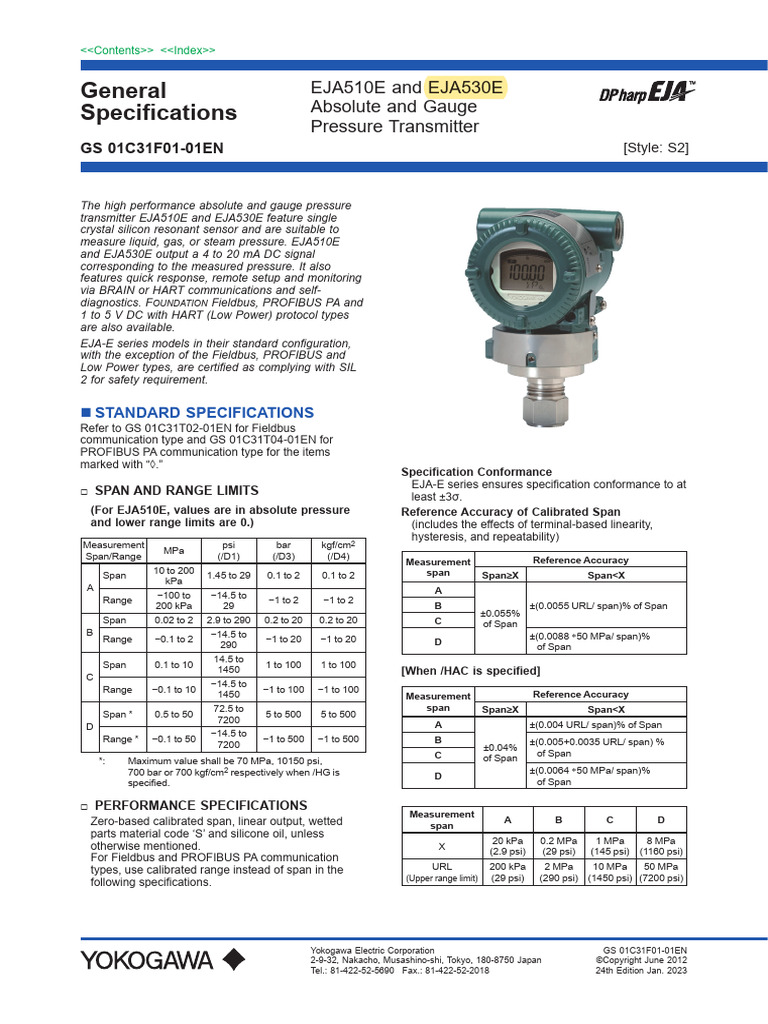 Yokogawa EJA530E Pressure TX Datasheet | PDF | Power Supply ...
