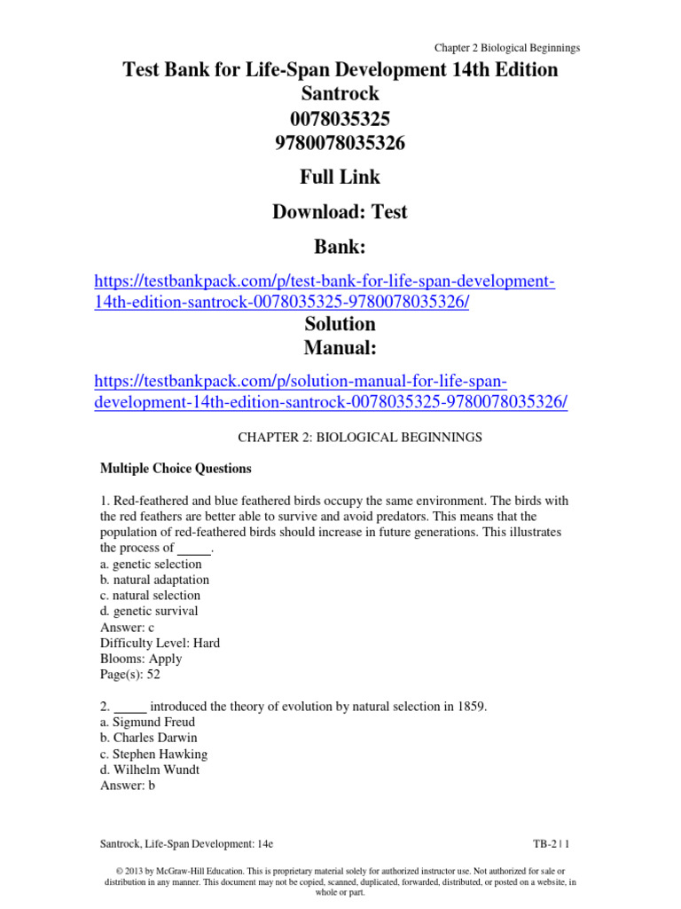 Test Bank For Life Span Development 14th Edition Santrock 0078035325 ...