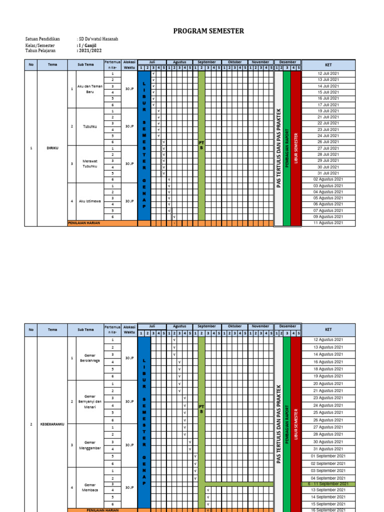 PROMES - Program Semester Kelas 1 Tahun 2021-2022 | PDF