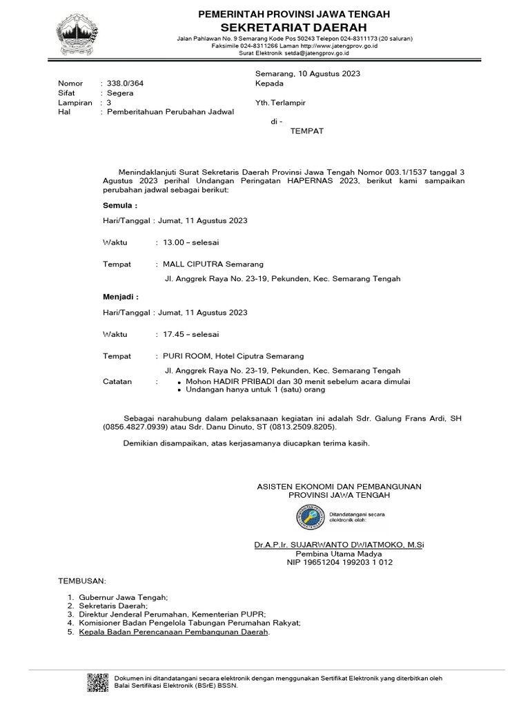 Pemberitahuan Perubahan Jadwal Hapernas 2023 | PDF