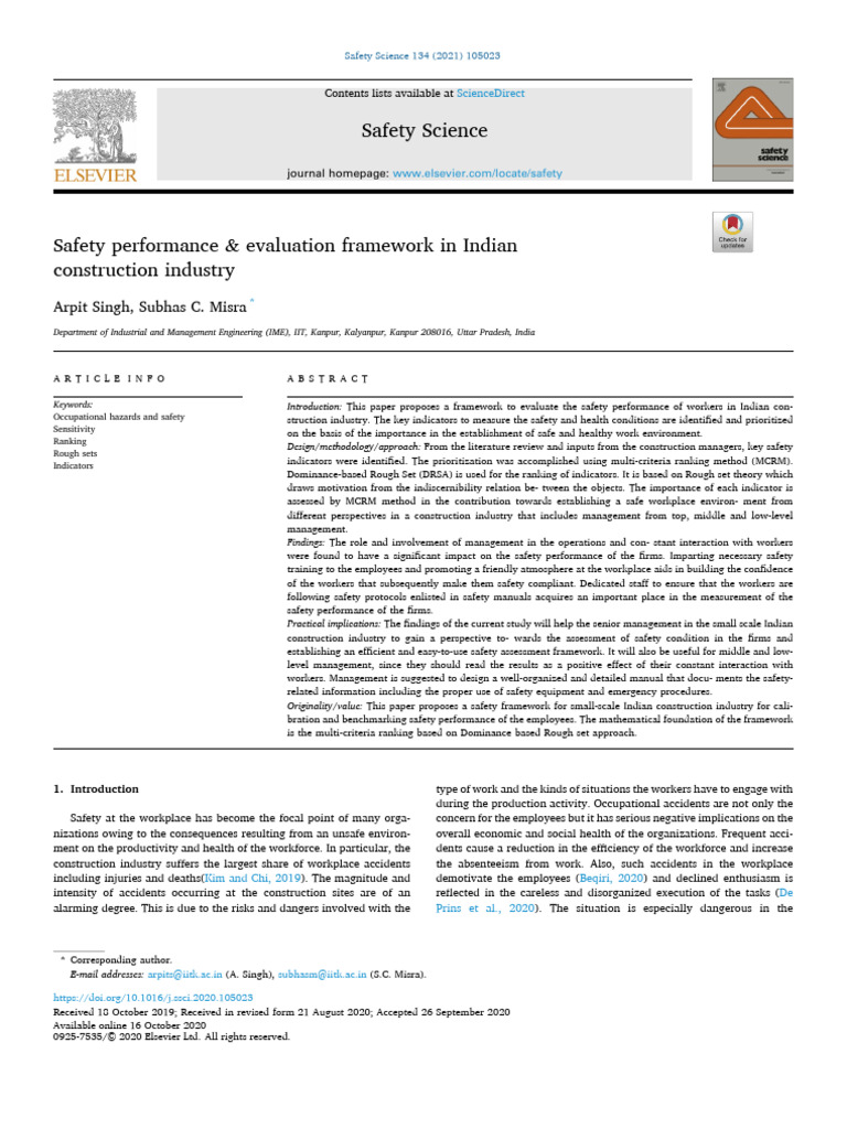 Safety Performance And Evaluation Framework In Indian Construction Industry Pdf