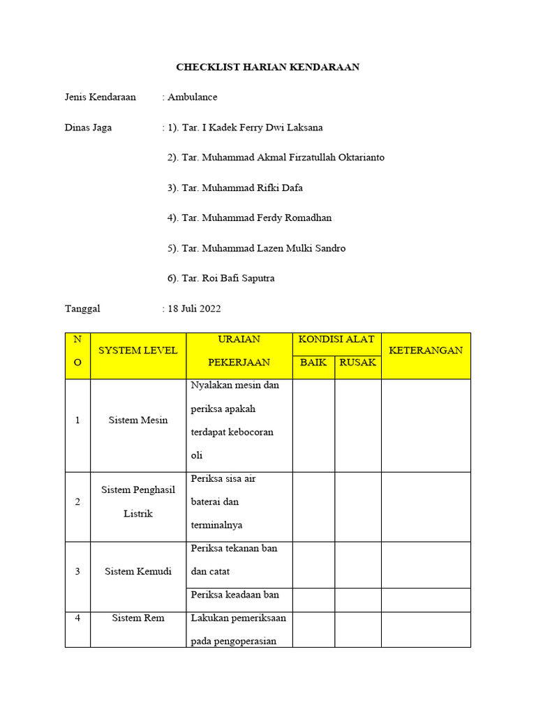 Checklist Harian Kendaraan (Ambulance) | PDF