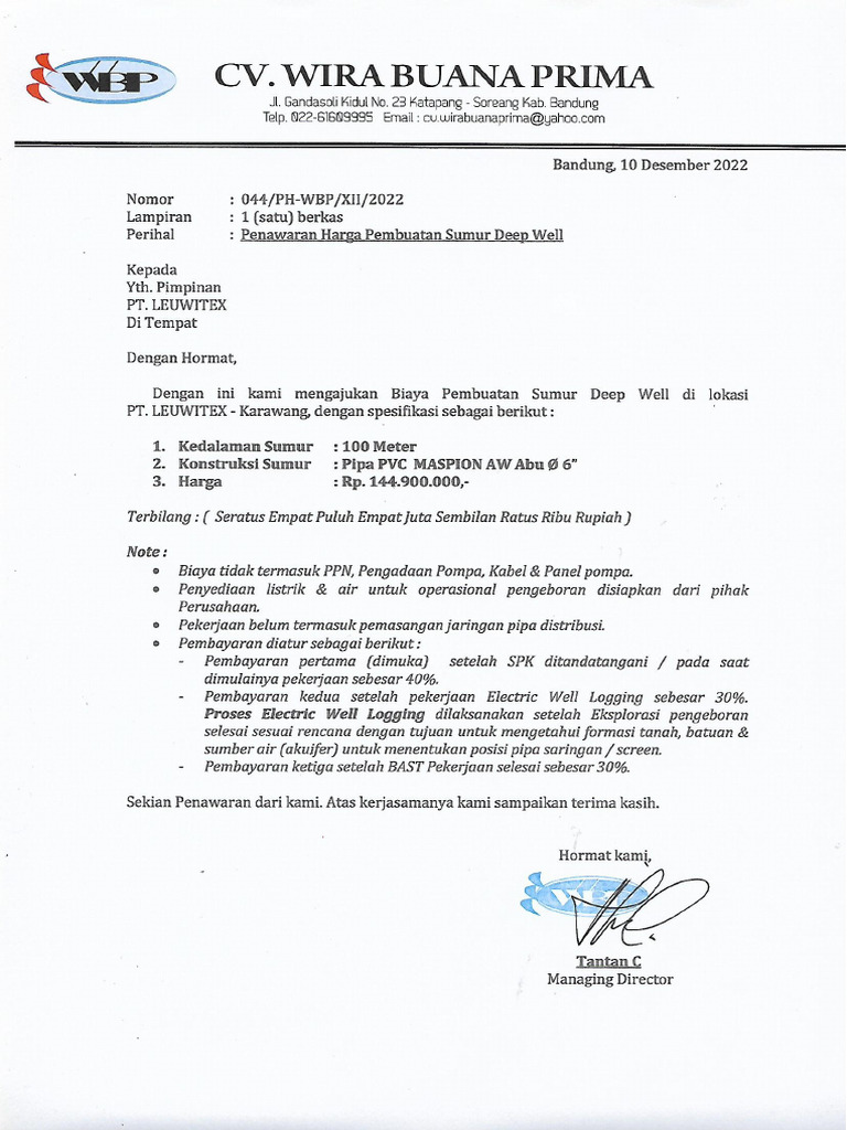 Pt. Leuwitex Sumur Deep Well 6 Inchi | PDF