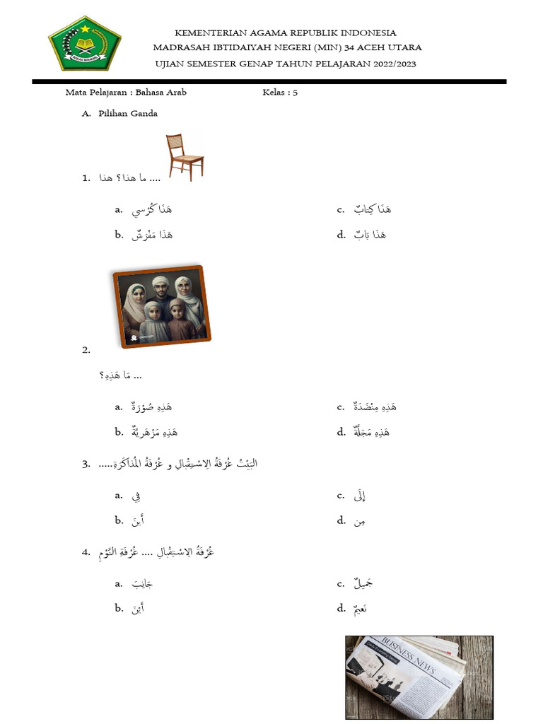 Soal Bahasa Arab Kelas 5 Sem Genap 2022 2023 | PDF
