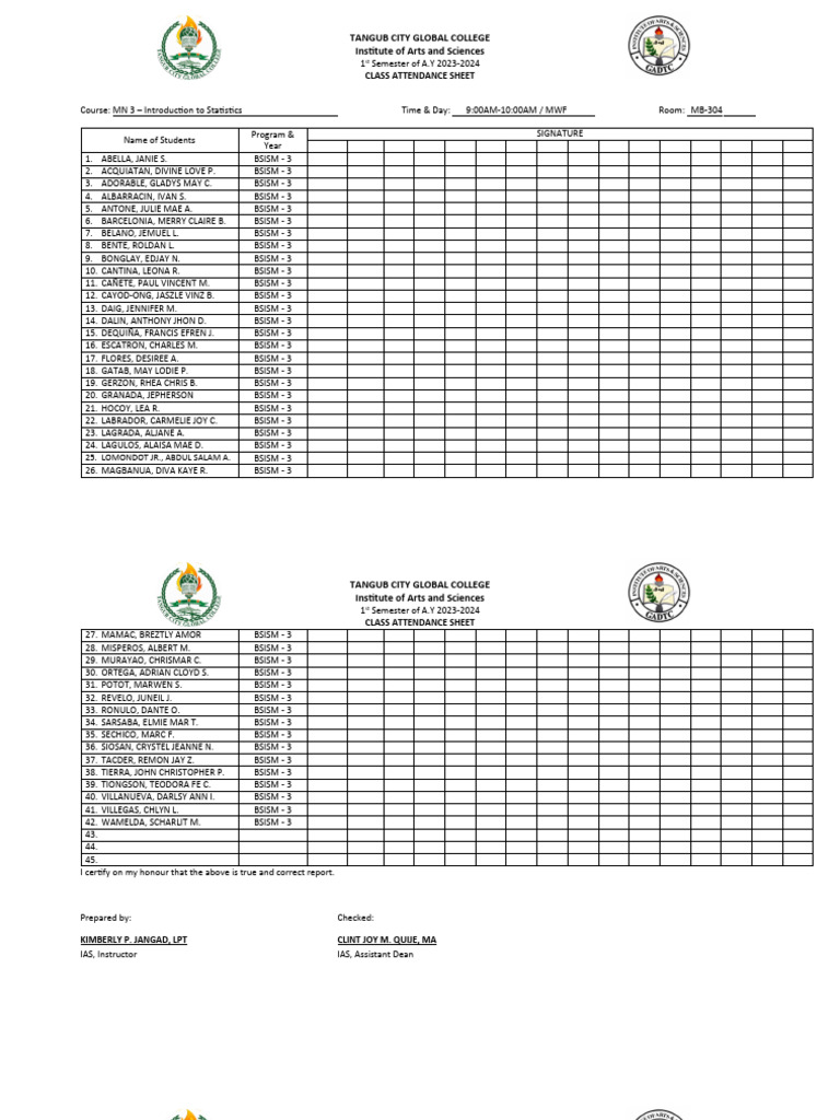 1st Sem Attendance Sheet 2023-2024 | PDF