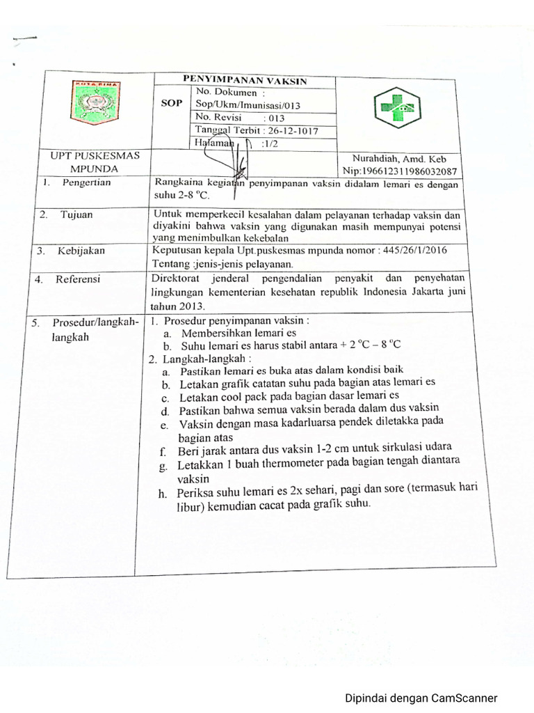 Sop Penyimpanan Vaksin Puskesmas | PDF