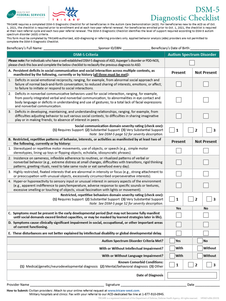 DSM 5 Diagnostic Checklist | PDF | Autism Spectrum | Spectrum Disorder