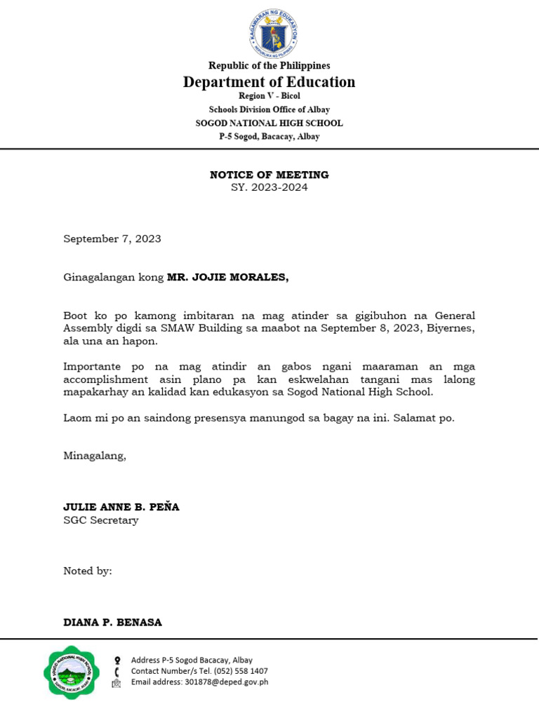 Letter For General Assembly Brgy Sogod Officials | PDF