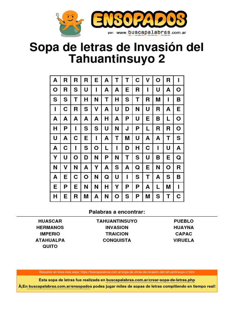 Sopa de Letras de Invasión Del Tahuantinsuyo 2 | PDF