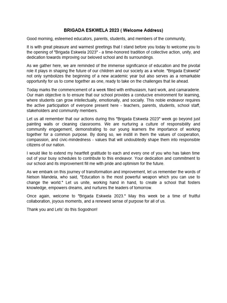 Brigada Eskwela 2023 Welcome Address | PDF
