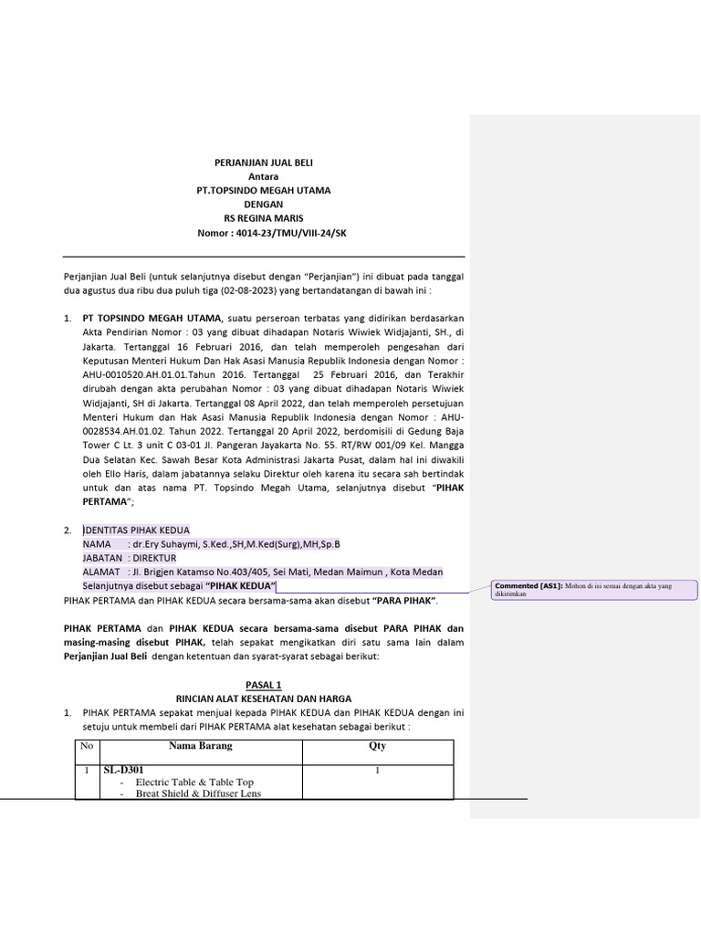 SPJB TOPSINDO RS Regina Maris Medan | PDF | Pengelolaan Keuangan & Uang | Hukum