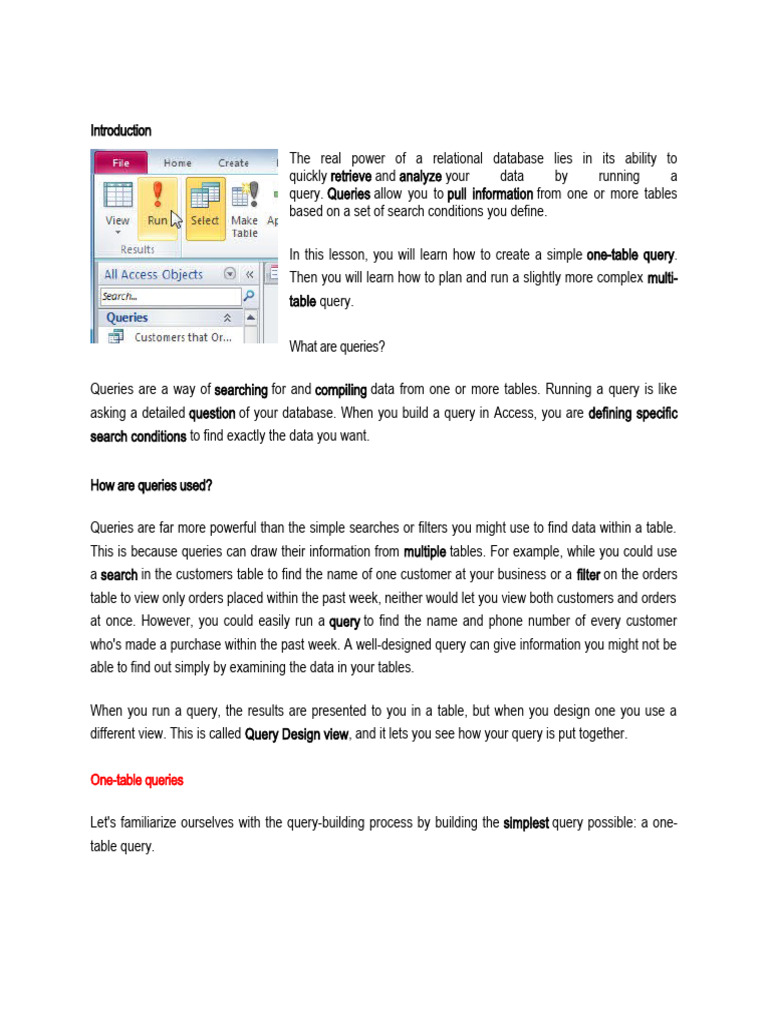 Lesson 8 Running Queries and Reports - Designing A Query | PDF ...
