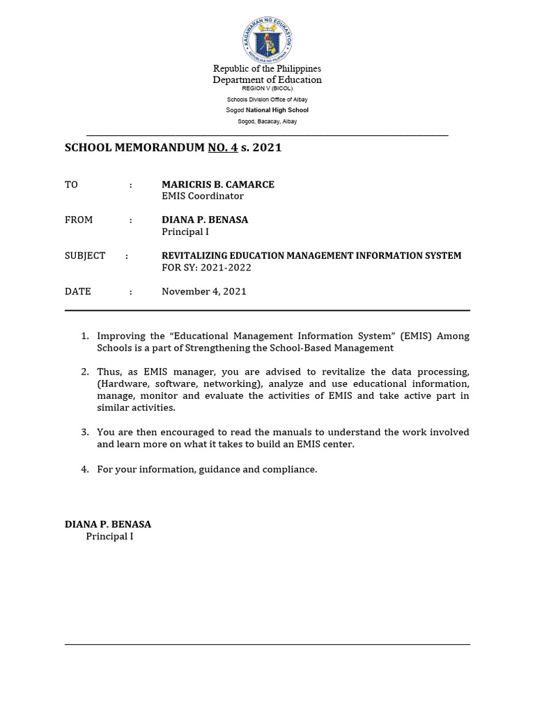 School Memorandum On EMIS | PDF
