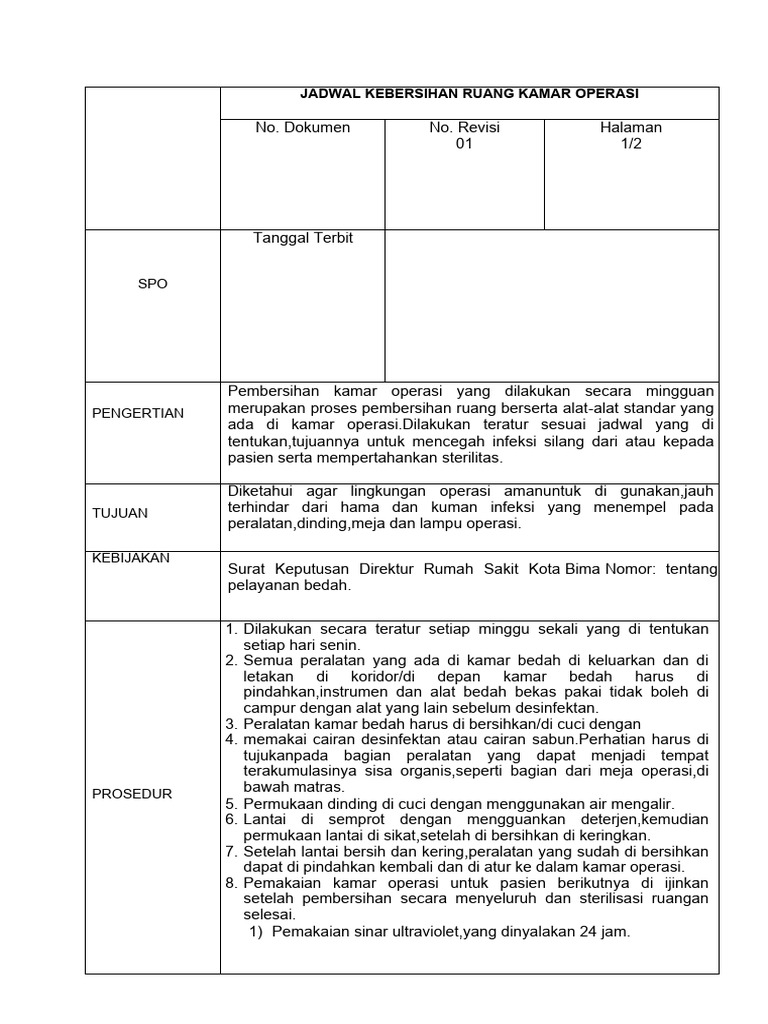 SOP Jadwal Kebersihan Ruang Kamar Operasi | PDF