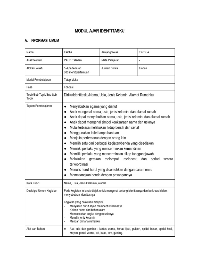 Modul Ajar Diriku - Identitasku (Harian - Mingguan) TK A | PDF