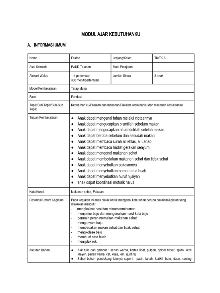 Modul Ajar Kebutuhanku untuk TK A | PDF