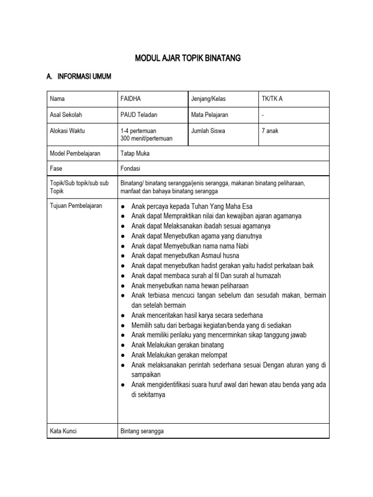 Modul Ajar Topik Binatang TK A | PDF
