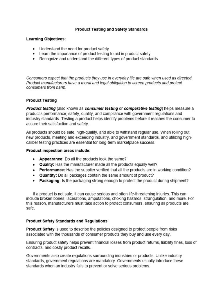 Product Testing and Safety Standards | PDF