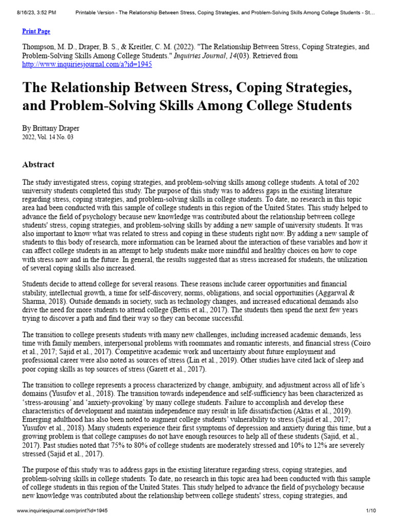 The Relationship Between Stress, Coping Strategies, and Problem-Solving Skills Among College ...