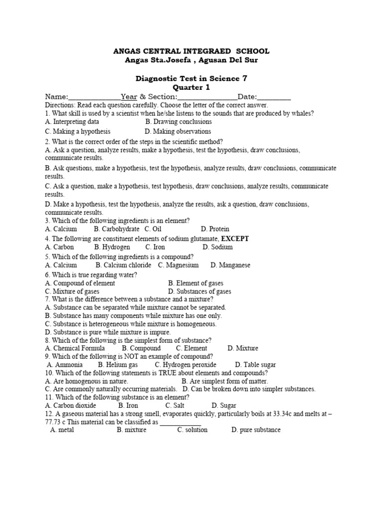 Diagnostic Test Science 7 AutoRecovered | PDF