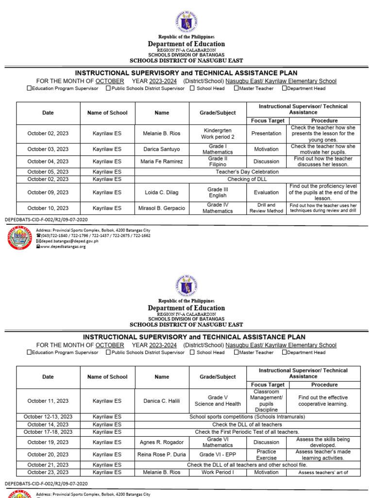 OCTOBER - Instructional Supervisory and Technical Assistance Plan | PDF