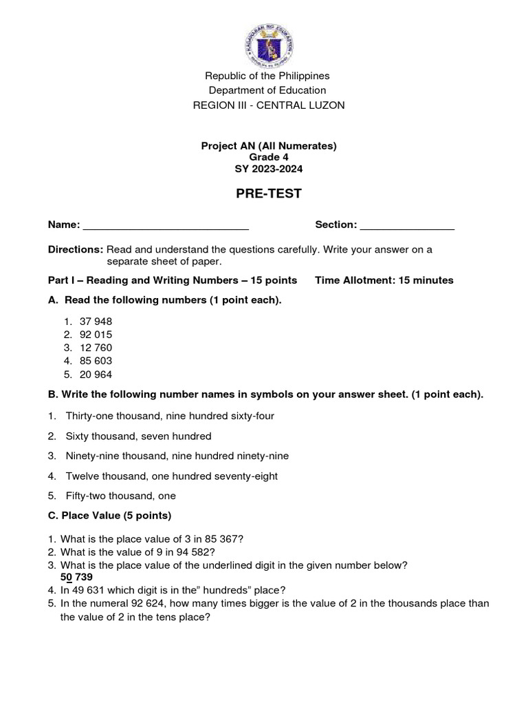 Pre - Test - Grade-4 Pan | PDF