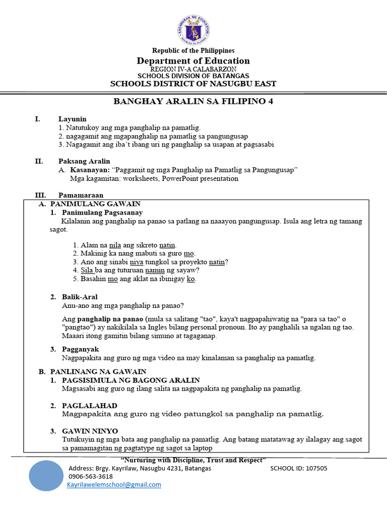 Lesson Plan Panghalip Na Pamatlig | PDF