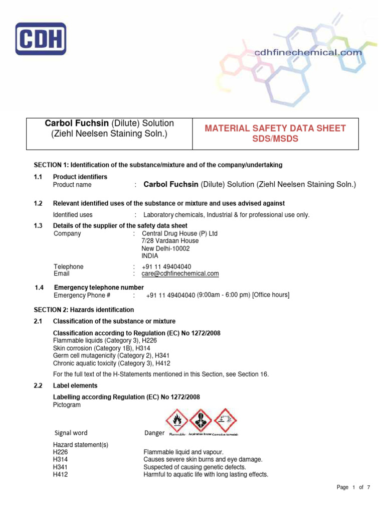 Carbol Fuchsin Solution Safety Data Sheet | PDF