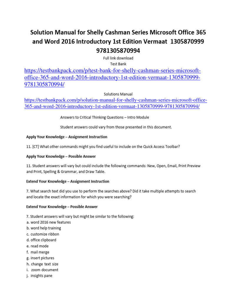 Solution Manual For Shelly Cashman Series Microsoft Office 365 And Word