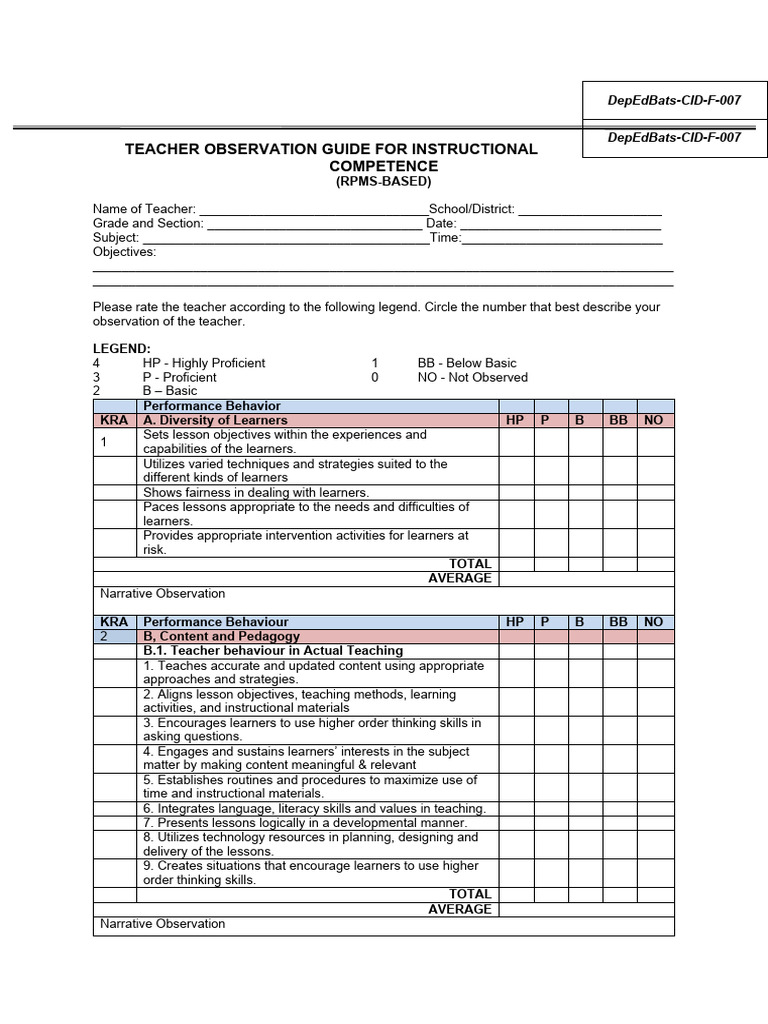 Teacher Observation Guide For Instructional Competence | PDF