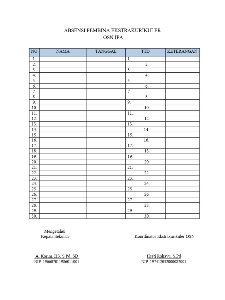 Absensi Pembina Ekstrakurikuler SMP | PDF