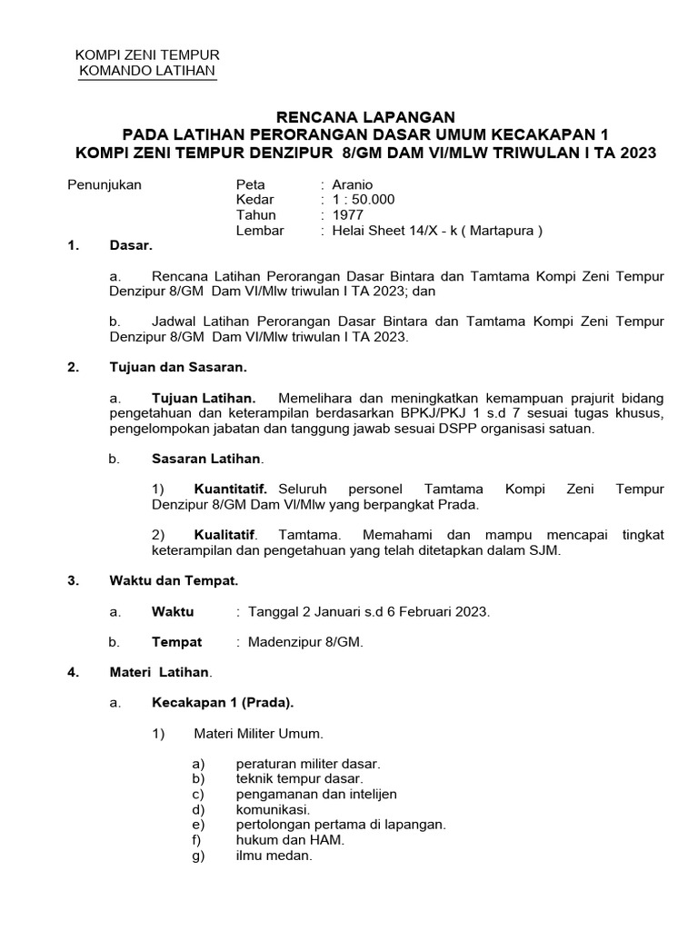 Rencana Latihan Kompi Zeni Tempur 2023 | PDF