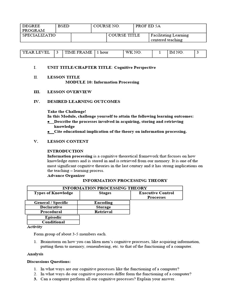 Information Processing Theory (Module 10) | PDF Information Processing Theory (Module 10) | PDF