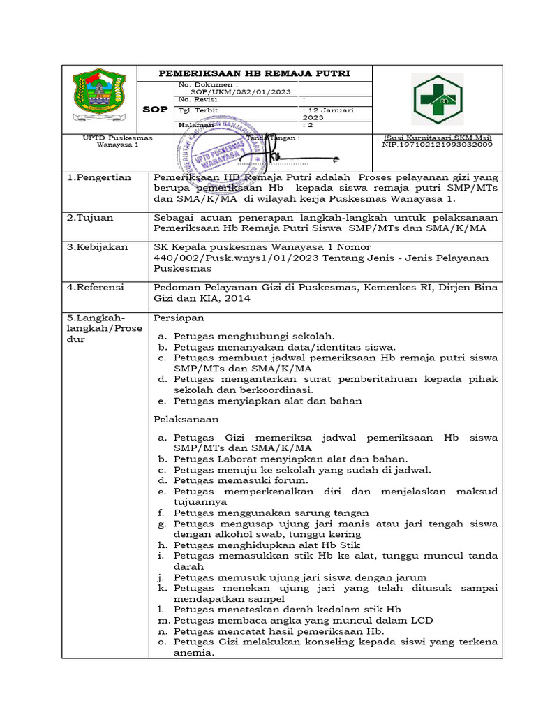 2.6.4 Sop Pemeriksaan HB Remaja | PDF