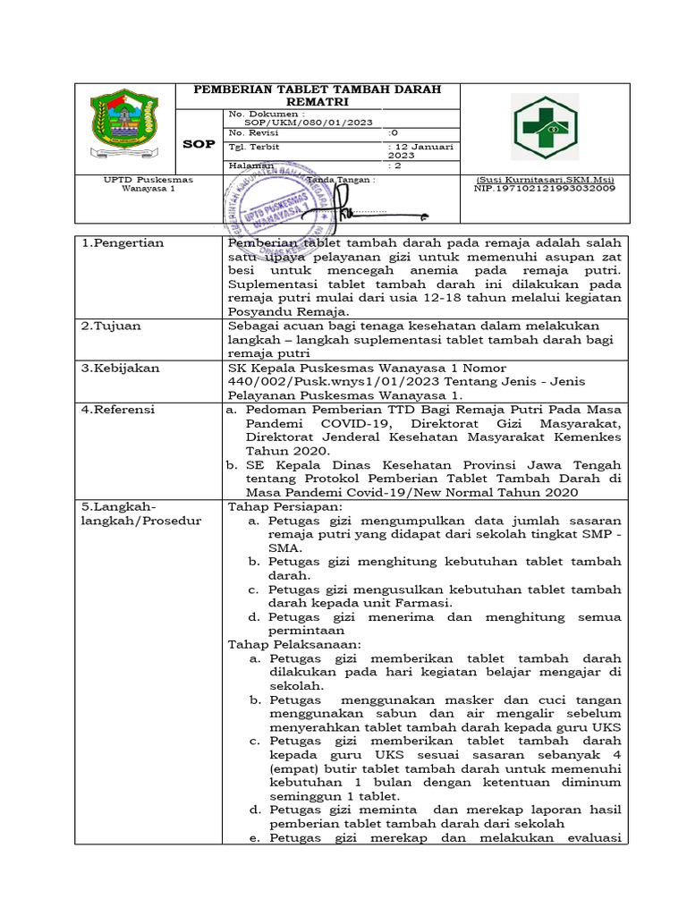 2.6.4 Sop Pemberian TTD Remaja | PDF | Pengembangan Diri | Kesehatan ...